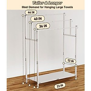 Mondazie 44” Tall Free Standing Towel Racks with 6 Hooks for Bathroom, 3 Tiers Oversized Pool Bath Towels Drying Stand, Metal Blanket Ladder Holder with Storage Shelf for Bedroom Living Room, White