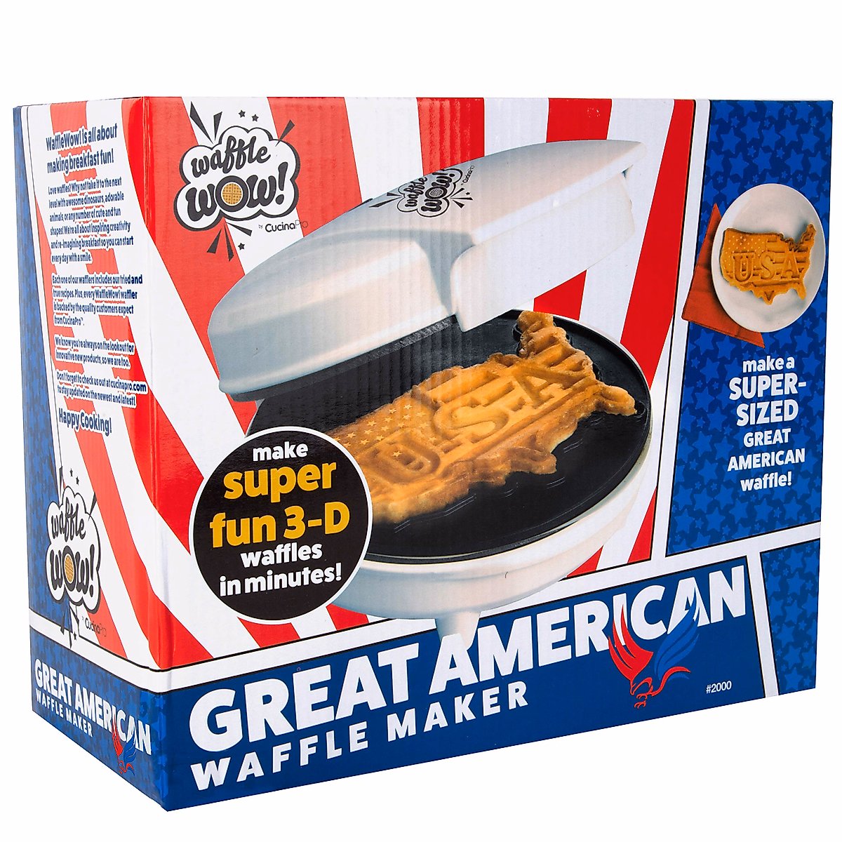 Great American USA Waffle Maker - Make Giant 7.5" Patriotic Waffles or Pancakes w Pride - Electric Nonstick Waffler Iron w America Spirit, Election Debate Party Fun, Funny Gift or Dessert Treat