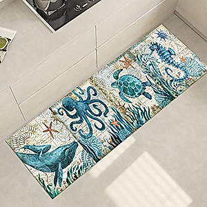 GUBIYU Ocean Animal Area Rug Tropical Beach Sea Turtle Octopus Rug Teal Non Slip Beach Bathroom Rug Coastal Runner Rug Washable Kitchen Rug Mat for Living Dining Dorm Room Bedroom Home Decor 23.6"x59"