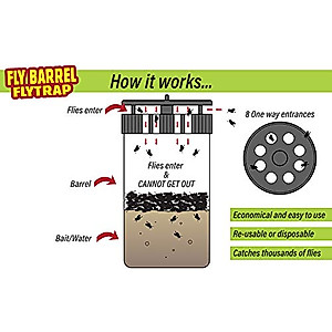 Flies Be Gone Barrel Fly Trap - Reusable Container with Patent Pending Screw Lid – 2 Non-Toxic, Poison and Pesticides Free KM34 Fly Attractant Packs - for Outdoor Home and Commercial Use