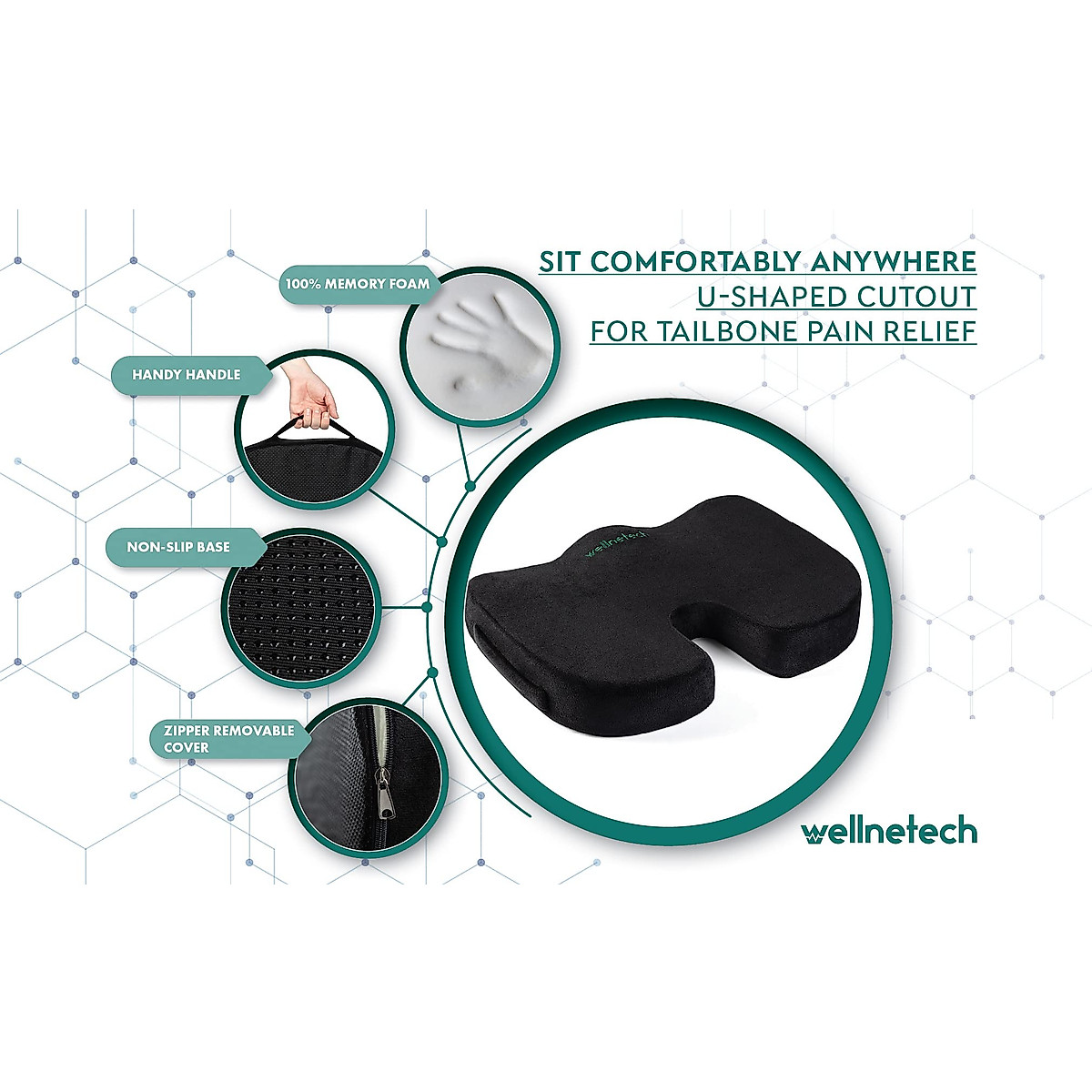 Wellnetech Seat Cushion Non-Slip Sciatica & Back Coccyx Tailbone Pain Relief Car Seat Cushion All-Day Sitting Comfort for Office Desk Gaming Chair. Enhanced Gel Memory Foam Seat Cushion