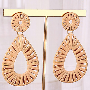 Boho Raffia Earrings Statement Teardrop Earrings Drop Dangle Bohemian Earrings for Women Cute Handmade Earring(Wheat)