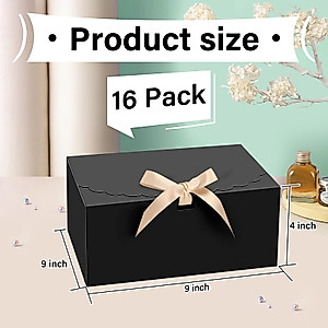 ZSPENG 16 PCs Gift Boxes with Lids,9x9x4 inches Black Gift Boxes with Ribbons, Bridesmaid Proposal Box,Kraft Paper Gift Box for Wedding, Packaging, Present, Birthday, Cupcake Boxes, Crafting.