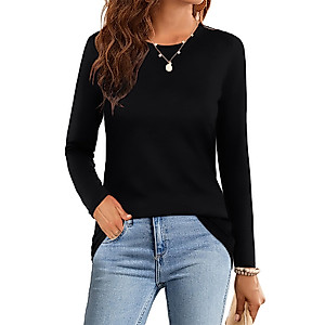 Elesomo Women Long Sleeve T Shirts Casual Fitted Crewneck Cotton Tee Tops, Black L