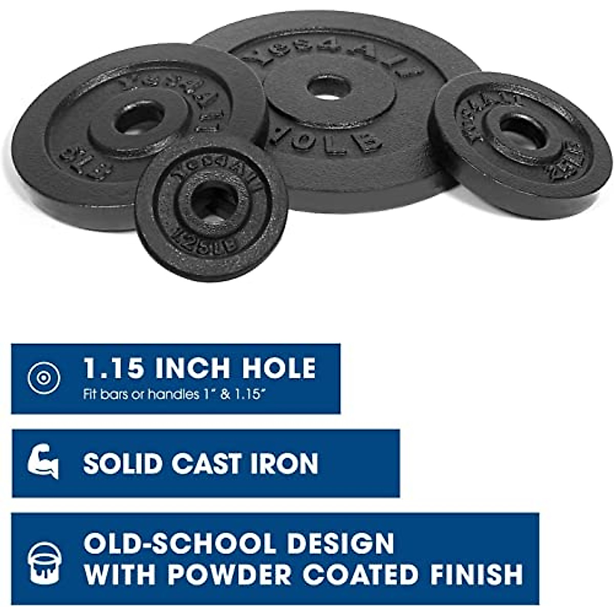 Yes4All Standard 1.15-inch Cast Iron Weight Plates - 1.25 + 2.5 + 5 +10lbs - Pair (Set of 8)