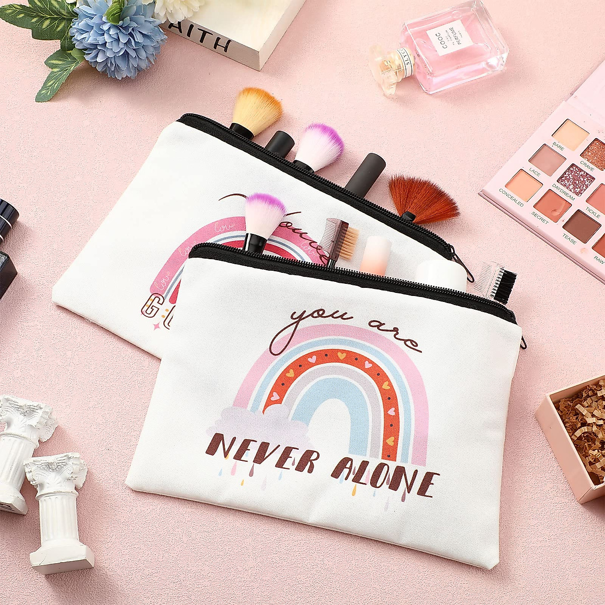 16 Pieces Rainbow Canvas Cosmetic Bag Bulk Inspirational Quotes Makeup Bags with Zipper Encouragement Travel Toiletry Pouch Appreciation Gift for Christmas Women Girls Teacher Birthday Graduation Gift