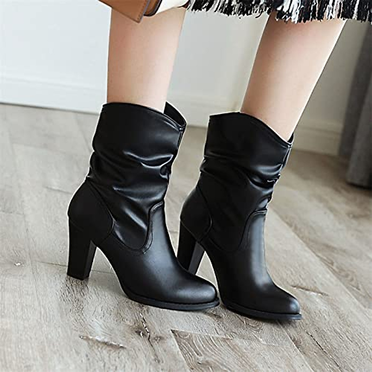 YfiDSJFGJ denim cowboy boots for women high heel thick heel british style slip on vintage round toe short platform mini boot chunky block heel plain toe fur lined warm snow boots