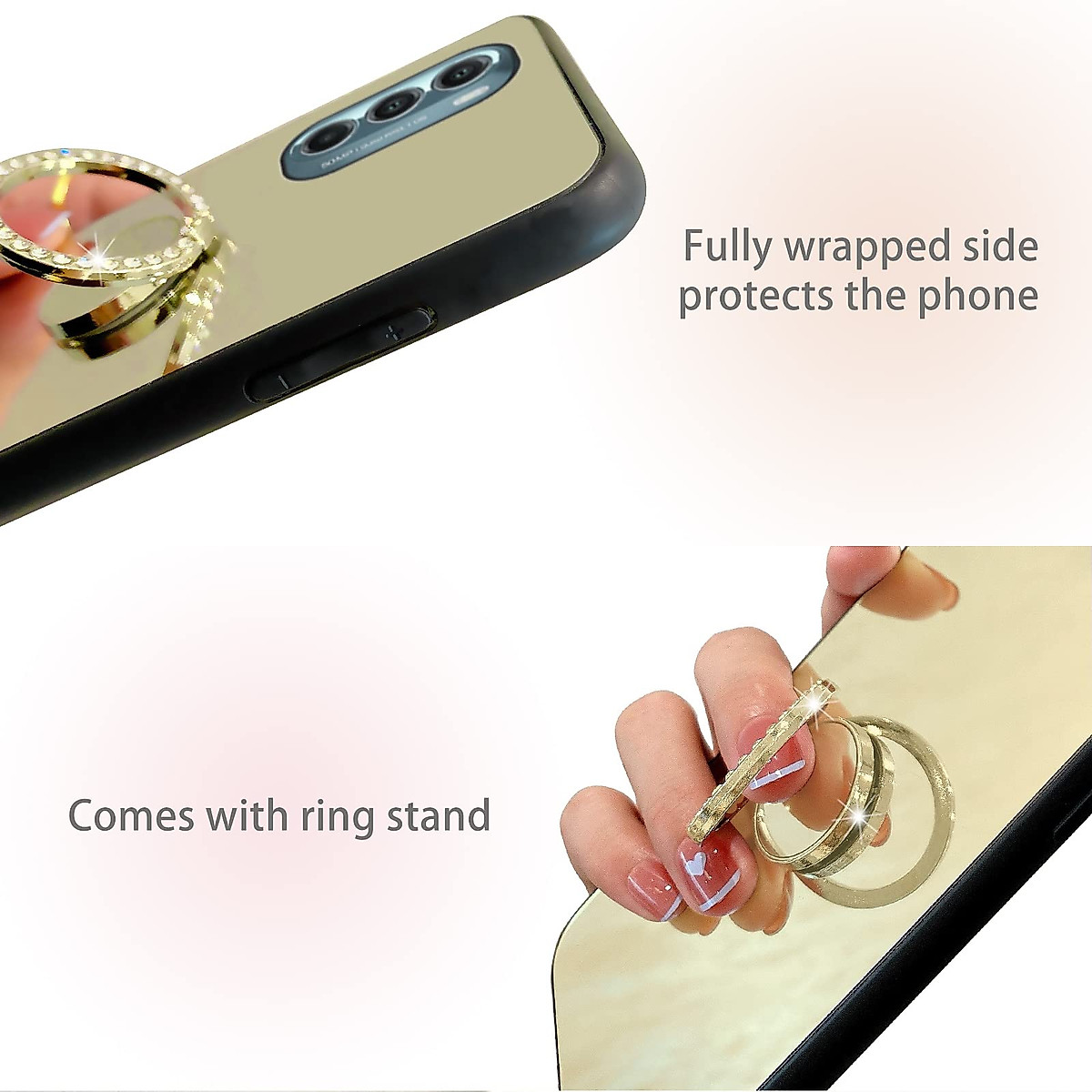for Moto G Stylus 5G 2022 Case for Girls Women Mirror Make up Luxury Stylish Slim Shockproof Drop Protection Cover with Ring Kickstand for Stylus 5G 2022 (Mirror Gold)