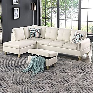 HOMVET Peaerl Faux Leather Sectional Sofa Furniture Set,L-Shape Couch with Left Chaise,Storage Ottoman,and 2 Pillows,for Living Room/Apartment/Office, Pearl White
