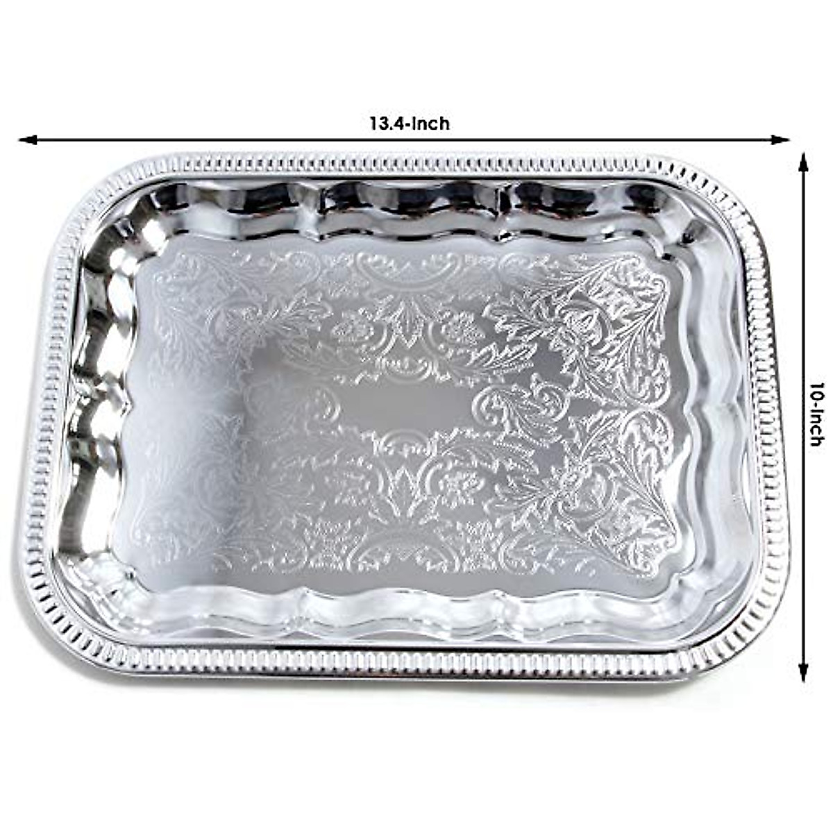 Maro Megastore (Pack of 4) 13.4-Inch x 10-Inch Oblong Rectangular Trim Victoria Flower Engraved Chrome Plated Serving Plate Mirror Tray Platter Tableware Candle Deco Art Holiday Party(Small) T227s-4pk