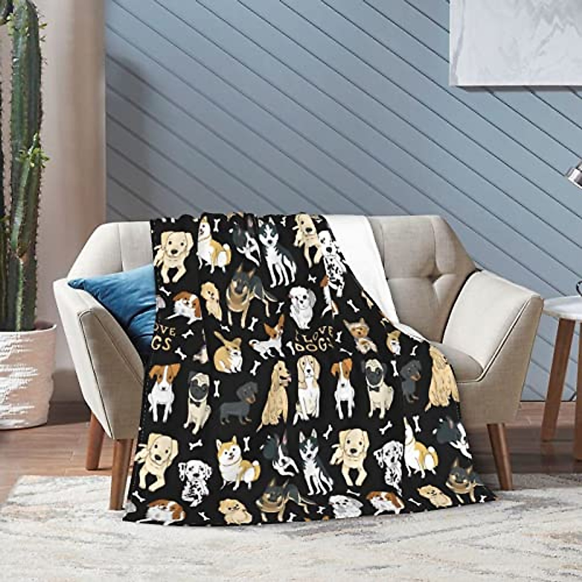 Wisedeal Cute Dog Animal Theme Throw Blanket, Comfort Fleece Blanket, Daughter Mom Friend Aunt Lover Dog Women Blanket Couch Gifts for Couch Sofa Chair Bed Office Travelling Camping 50"x 60"