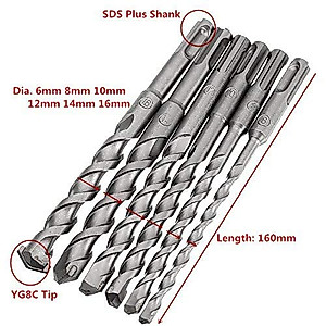 LOVPAIN6pcs SDS-Plus Rotary Hammer Drill Bit Set Round Handle Two Slots Impact Drill Bits 6mm 8mm 10mm 12mm 14mm 16mm