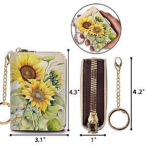 Yonlevres Credit Card Holder RFID Wallet, Sunflower Small Card Holder Wallet for Women with Keychain Zipper, Cute Leather Floral Credit Card Case Organizer Accordion Gift