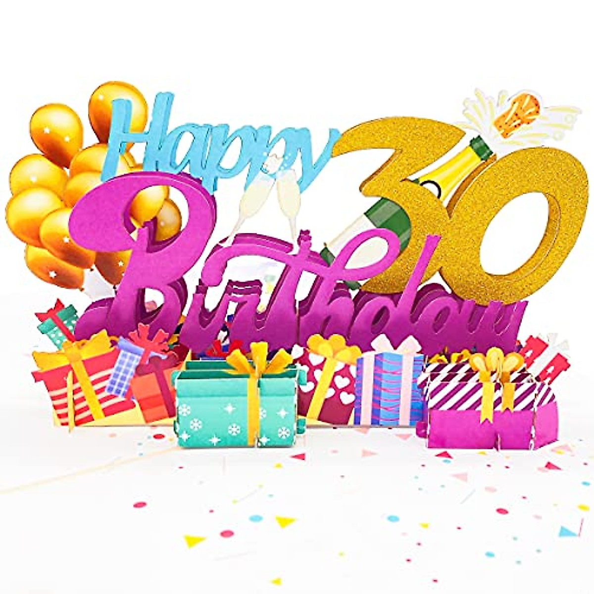 Liif Happy 30th Birthday 3D Greeting Pop Up Card, 30th Birthday Card For Him, Her, Women, Funny, Celebrations, Congrats, Thirty, Balloons, Champagne | With Message Note & Envelop | Size 8" x 6"