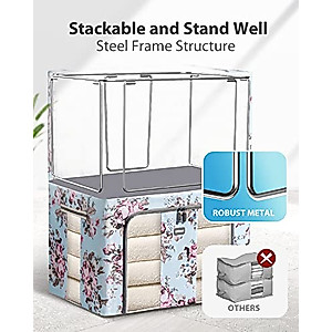 LitBear 2 Pack 100L Clothes Storage Bins Foldable Metal Frame Storage Box - Stackable Oxford Fabric Container Organizer Set with Carrying Handles and Clear Window(Blue floral)