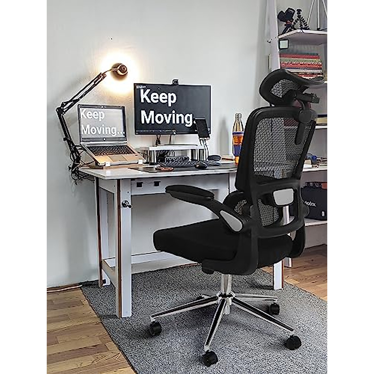 Mesh Ergonomic Swivel Office Chair with Flip Up Arms and Lumbar Support, High Back Desk Chair, High Adjustable Headrest, Tilt Function, Computer Chair, Executive Chair for Home Office(Black)