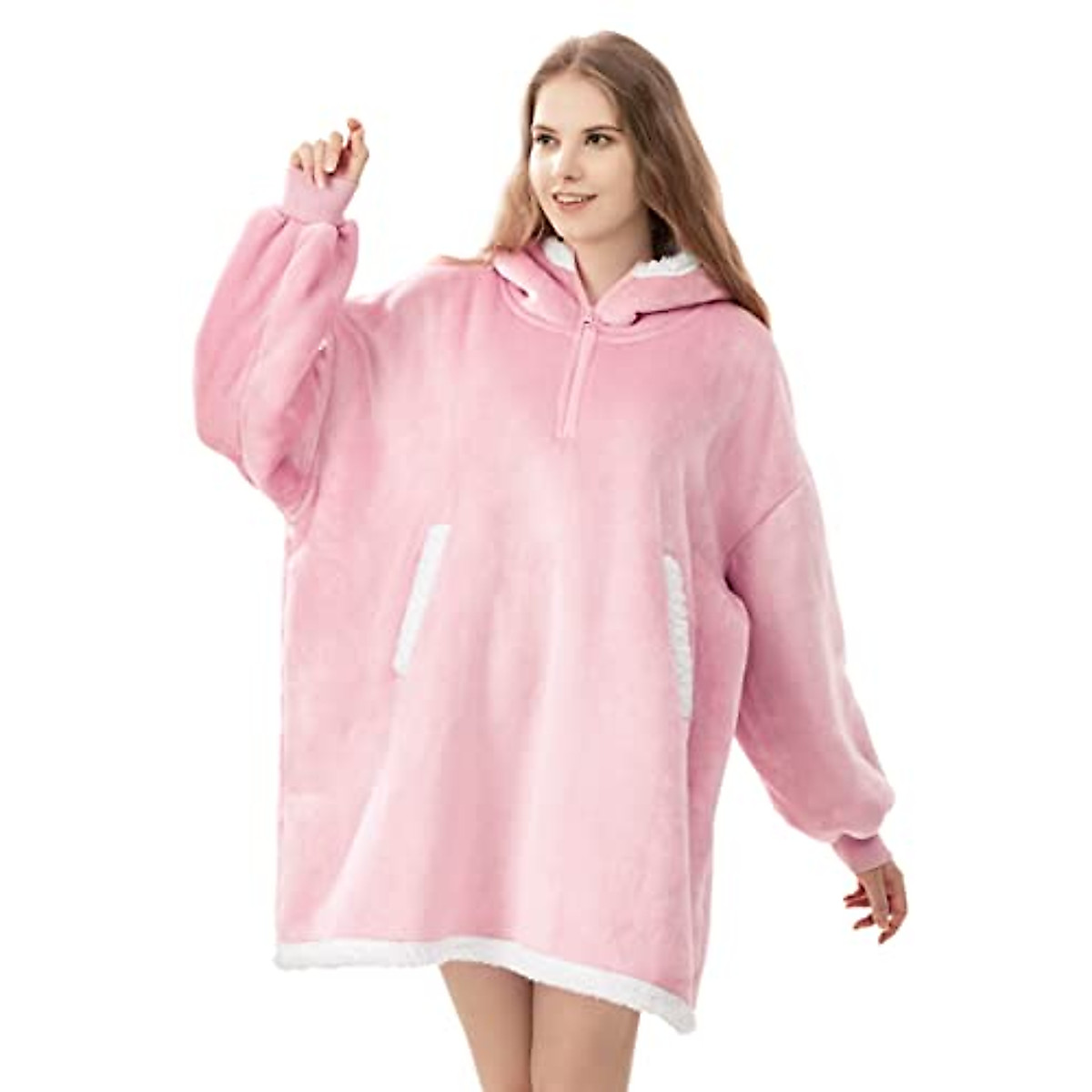 HBlife Oversized Wearable Blanket Hoodie for Adult, Thick Sherpa Sweatshirt with Elastic Sleeves and Giant Pockets Super Warm and Cozy Fuzzy Plush Fleece Blanket Jacket, Pink