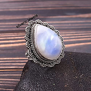 Queen look rainbow moonstone Bohemian gemstone ring 925 sterling silver ring band Women silver jewelry (9)