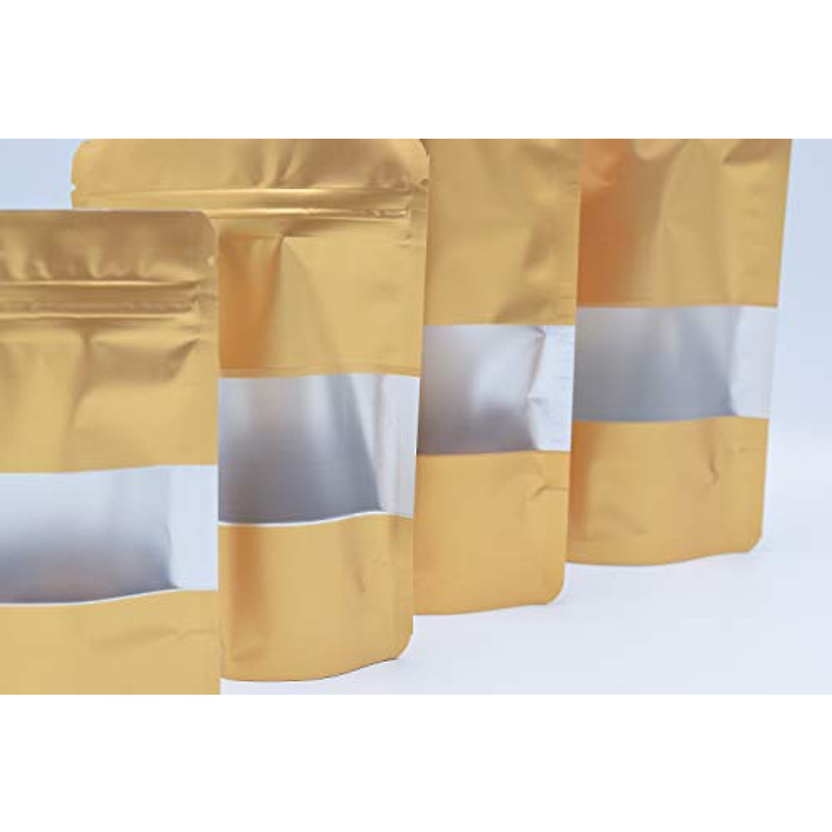 QQ Studio Pack of 100 Matte Color Resealable Stand Up Snack Packaging Pouches Bags with Frosted Window for Candies, Gummies, Organic Candies (Gold, 4.5oz)