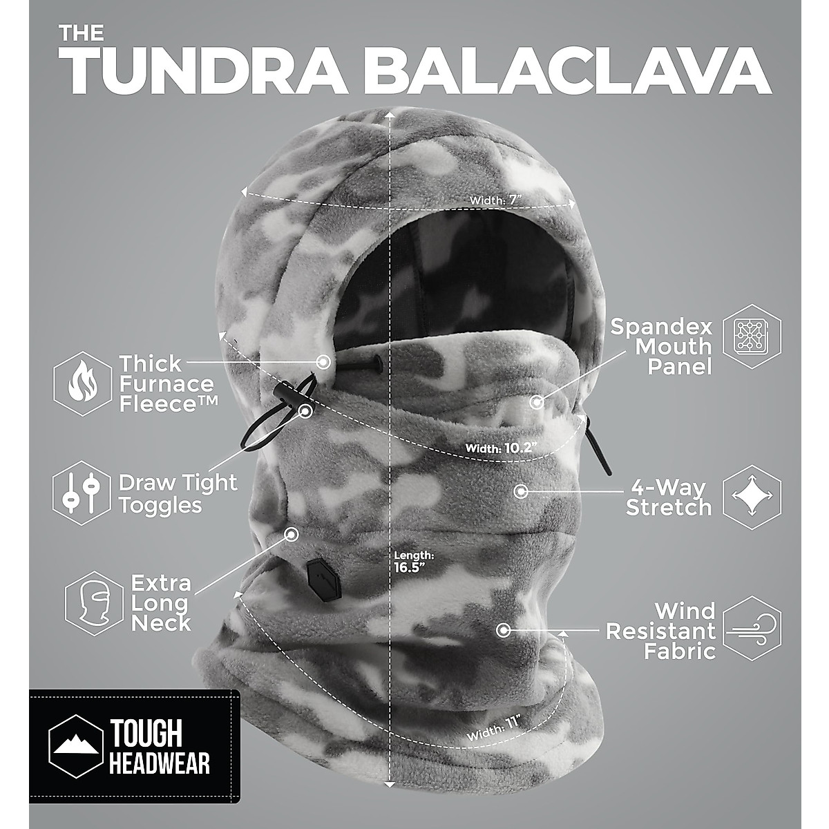 Tough Headwear Fleece Balaclava Ski Mask - Winter Face Mask for Men & Women - Face Cover for Extreme Cold Weather Gear Grey