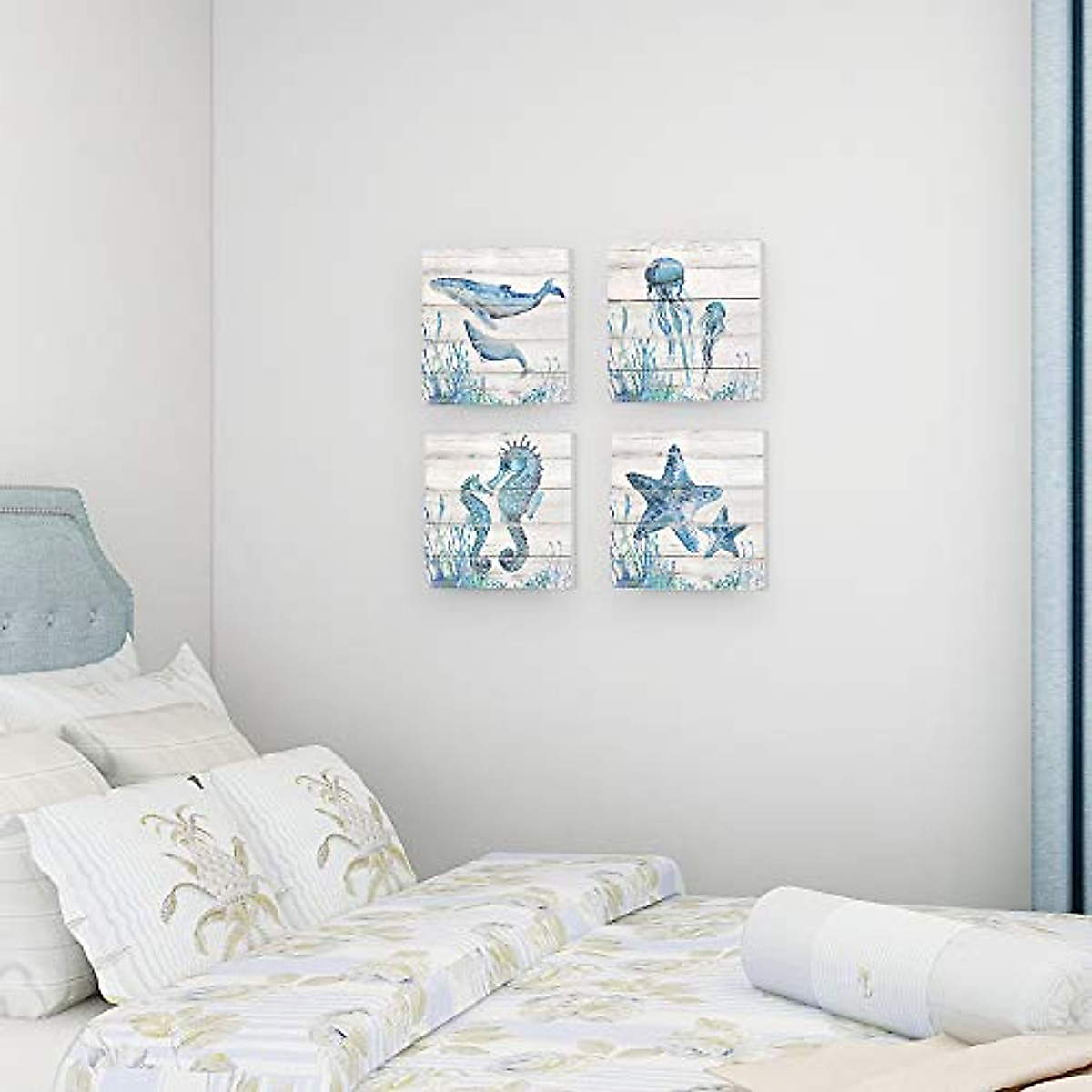 SUMGAR Ocean Wall Art Bathroom Rustic Decor Beach Coastal Canvas Paintings Farmhouse Navy Blue Pictures Seahorse Starfish Nautical Artwork Set of 4 Marine Life Theme Bedroom Decorations 12x12 inch