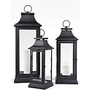 Serene Spaces Living Black Hurricane Lanterns with Clear Glass Panels, Perfect for Home Decor, Parties & Events, Table Top Or Hanging Lantern for Indoor & Outdoor, Measures 15" Tall and 5" Diameter