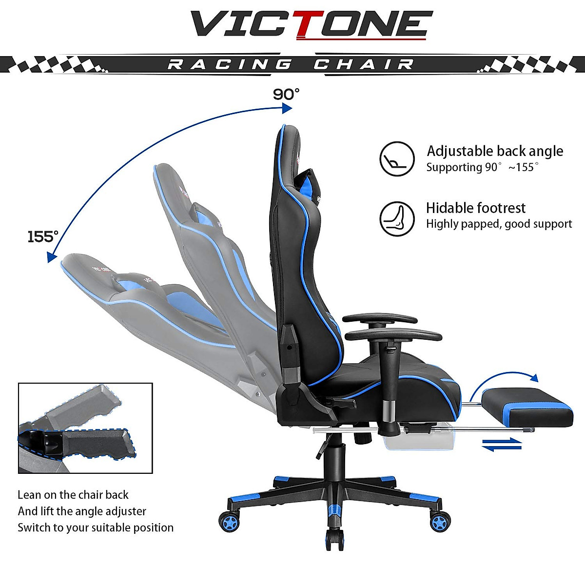 VICTONE Gaming Chair with Footrest Racing Style Computer Chair Video PC Game Chair Large Heavy Duty Ergonomic Computer Office Chair with 3D Adjustable Armrest and Headrest (Blue)