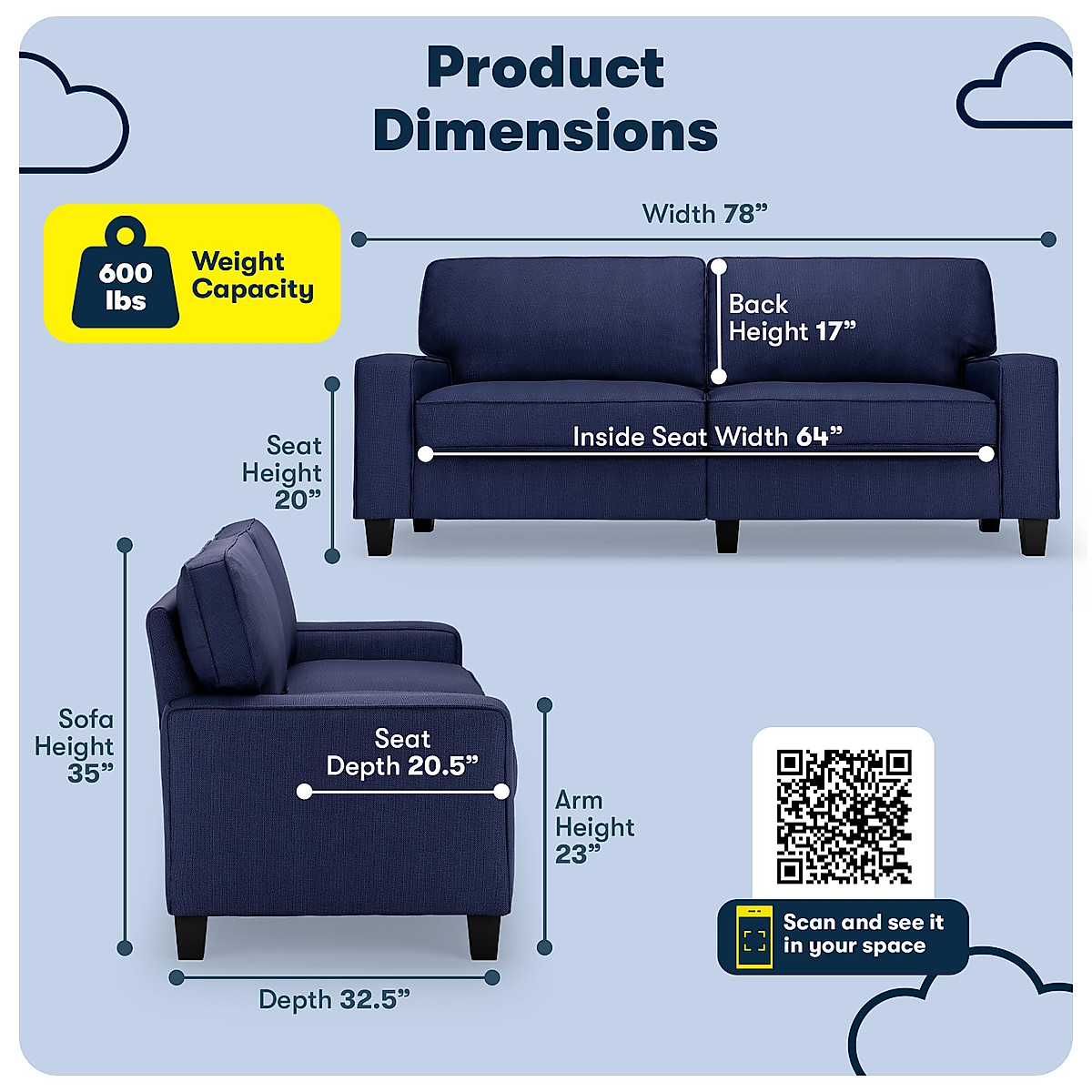 Serta Palisades 78" Track Arm Sofa, Easy Care Polyester, Soft Pillow Back, Pocket Coil Seat Cushions, Removable Covers, Loveseat or Couch for Small Spaces, Living Rooms or Bedrooms, Navy Blue