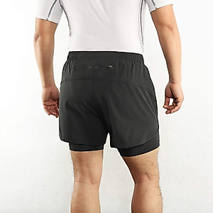 LIXADA Men's 2-in-1 Running Shorts Quick Drying Breathable Active Training Exercise Jogging Cycling Shorts (Black, L)