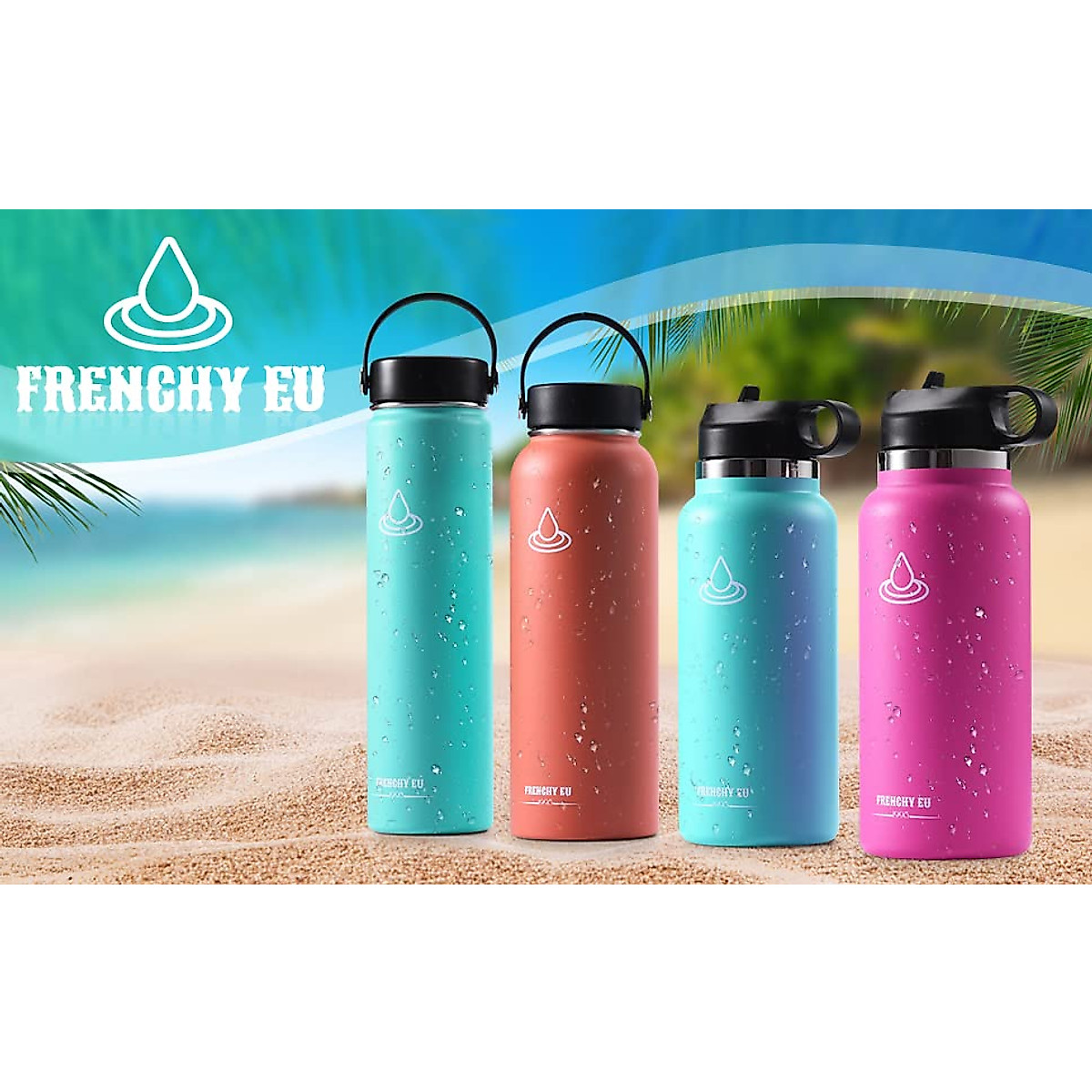 Frenchy EU Sports Water Bottle - 32 OZ, lids, Stainless Steel, Vacuum Insulated, Wide Mouth, Leak Proof, Reusable, Ecologique (Pacific)