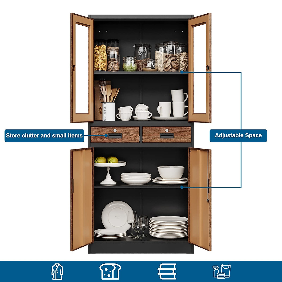 PEUKC Kitchen Pantry Cabinet, 71" Freestanding Kitchen Pantry Storage Cabinet with Drawer and Adjustable Shelves, Metal Tall Pantry Cabinet Cupborad with Glasses Doors, Wood Color