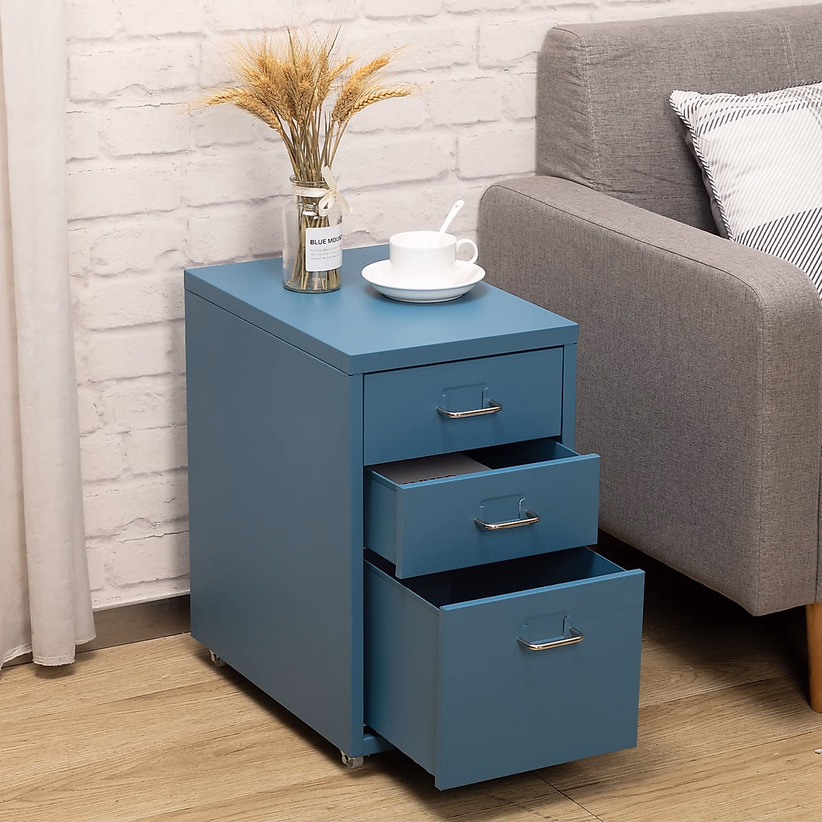 HollyHOME 3 Drawer Mobile Storage Cabinet, Metal Storage Dresser Cabinet with Castor Wheels, Small Organization Chest for Home Office, Easy Assembly Without Screws, Dark Blue