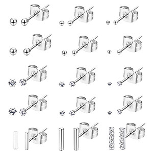 CASSIECA 15 Pairs Stainless Steel Tiny Bar Stud Earrings Small CZ Ball Cartilage Piercing Mini Stick Line Barbell Stud Earring Set for Women Men 2MM-4MM