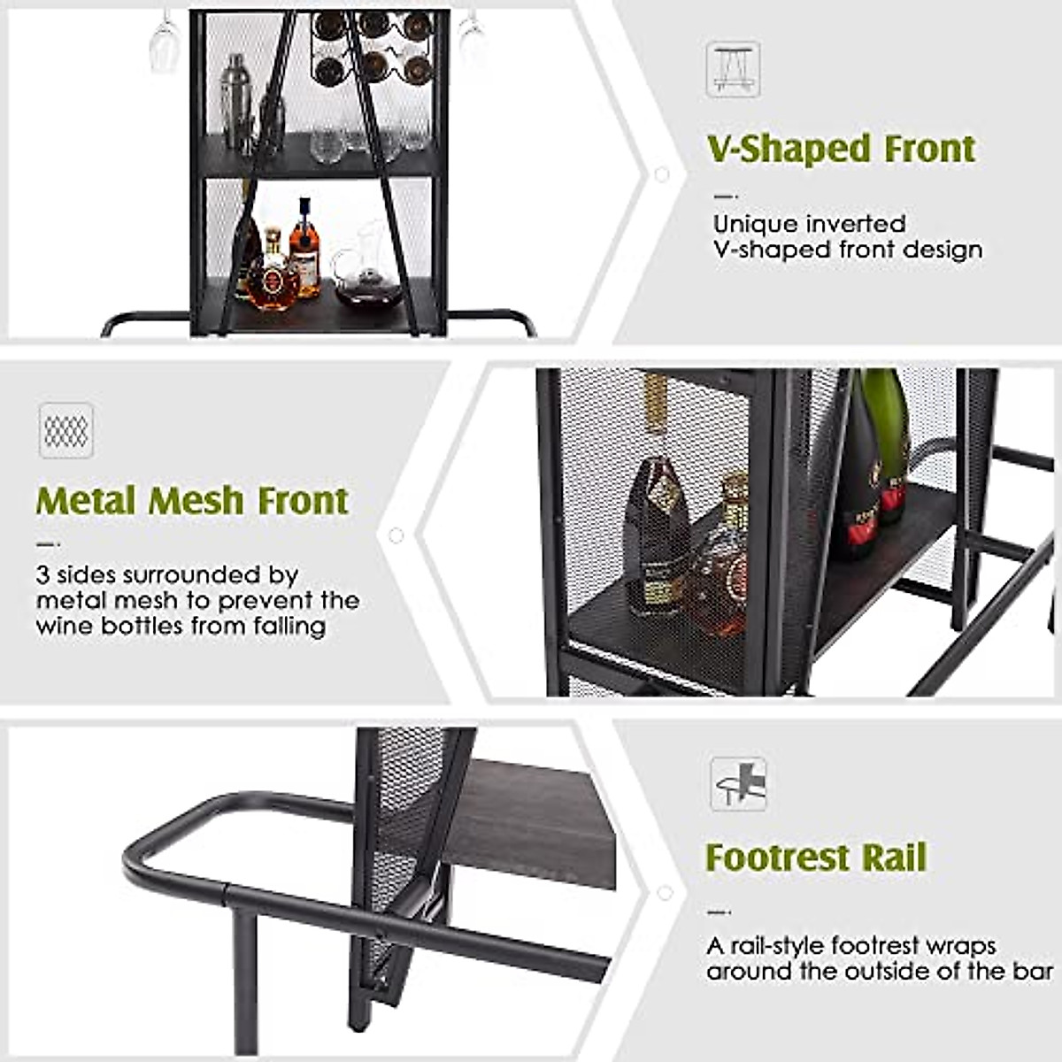VECELO Bar Unit with Metal Mesh Front, 3-Tier Wine Rack Table with Glasses Holder, Home Liquor Cabinet with Storage and Footrest for Living Room, Kitchen, Cement Grey