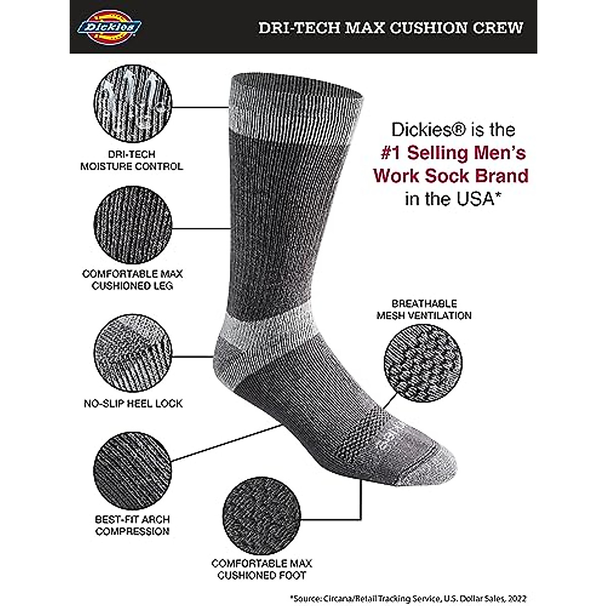 Dickies Men's Big & Tall Dri-tech Moisture Control Max Crew Socks Multipack, 3.0 Full Cushion Charcoal (6 Pairs), X-Large