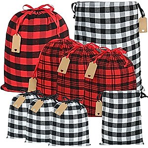 YQL Buffalo Plaid Drawstring Bags, 9Pcs Soft Flannel Christmas Gift Bags Assorted Sizes Christmas Fabric Bags Reusable Christmas Gift Bags for Christmas Package Birthday Holiday Party(Red&Black)