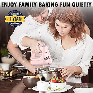GUALIU Electric Hand Mixer with Stainless Steel Egg Beater, Dough Hook Attachment and Storage Bag Compact Lightweight Hand Mixer for Baking Cakes, Eggs, Cream Food Mixers. Turbocharged /5 Speed + Eject Button Kitchen Blender PINK