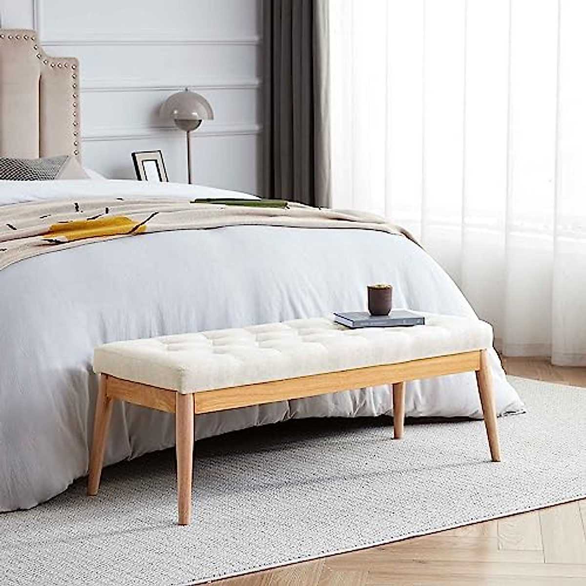 Tbfit Extra-Long Upholstered Tufted Bed Bench Seat for Bedroom, Entryway Wood Bench with Sturdy Wooden Legs, Buttoned Vanity Rectangle Dining Bench(Beige)