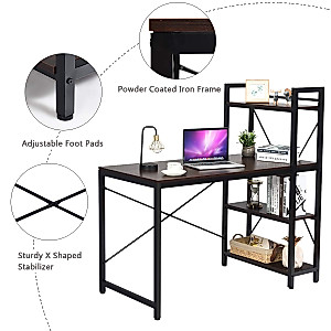 Tangkula Computer Desk with 4 Tier Shelves, Study Writing Table with Storage Bookshelves, Modern Compact Home Office Workstation, 47.5" Tower Desk with Steel Frame & Adjustable Feet Pad, Walnut