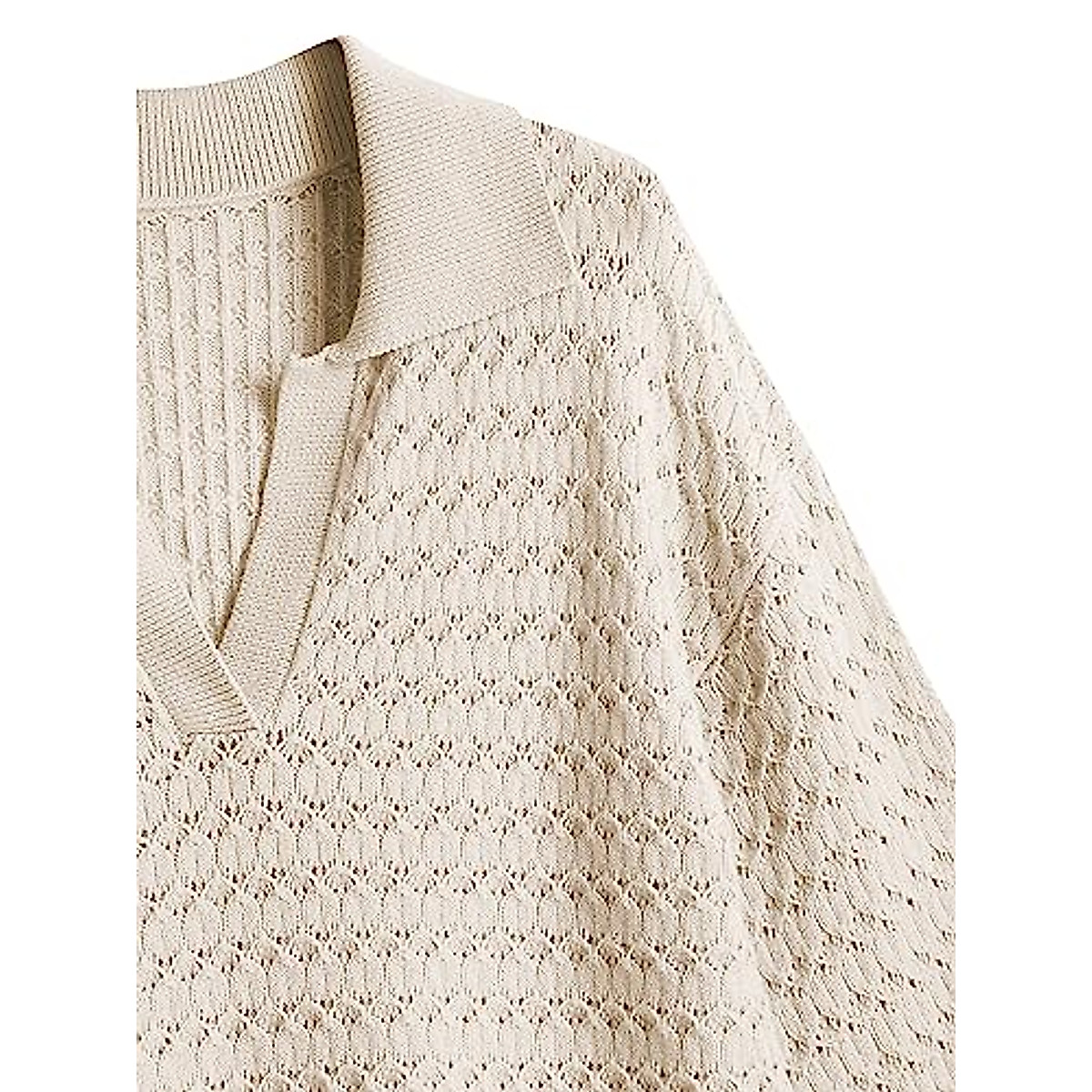 ZAFUL Women's Lapel Collar Sweater V Neck Lantern Sleeve Hollow Out Knit Polo Pullover Sweater Jumper (1-Apricot, L)