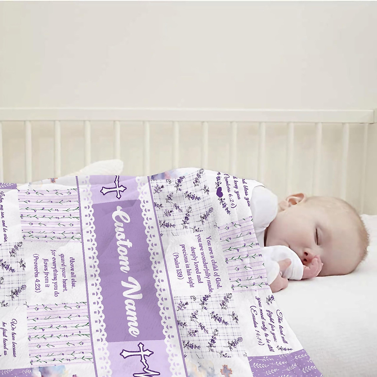 Personalized Christian Baptism Baby Blanket, Custom Baby Blanket with Name, Floral Plaid Patchwork God Bless Infant Bed Blanket, Customized Christian Gifts for Birthday/Shower Nursery Blanket 30"x40"