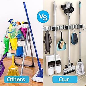 Tskcos Mop and Broom Holder Wall Mount Heavy Duty, Sturdy Stainless Steel Broom Garden Garage Tool Organizer, Mop Broom Hooks Hanger Storage Rack for Home Organizing (3 Racks 4 Hooks)