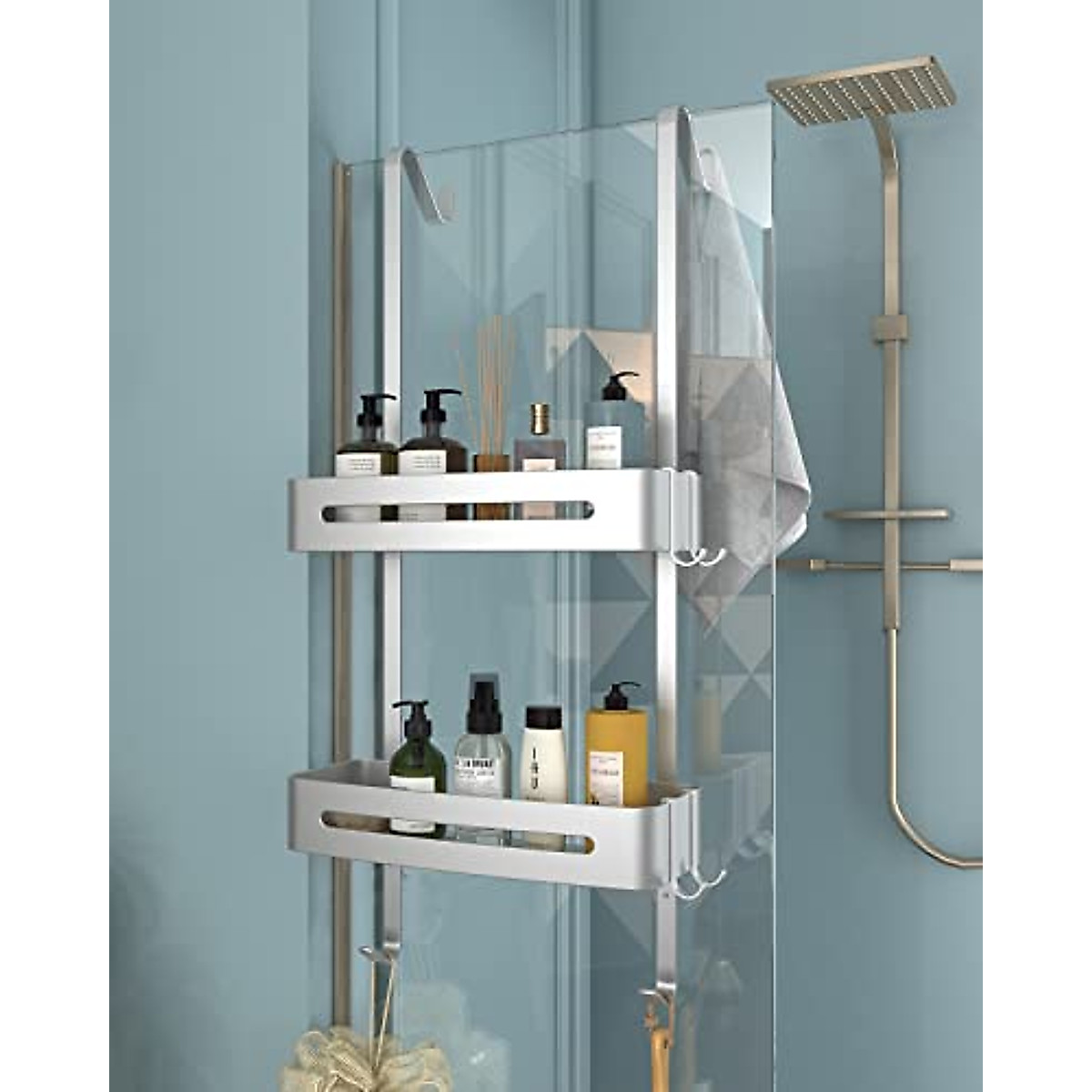 TZAMLI Hanging Shower Caddy Over The Door Shower Organizer, Aluminum Shower Shelf Bathroom Storage Rack with Hook and Basket (Silver-Silver, 2-Tier)