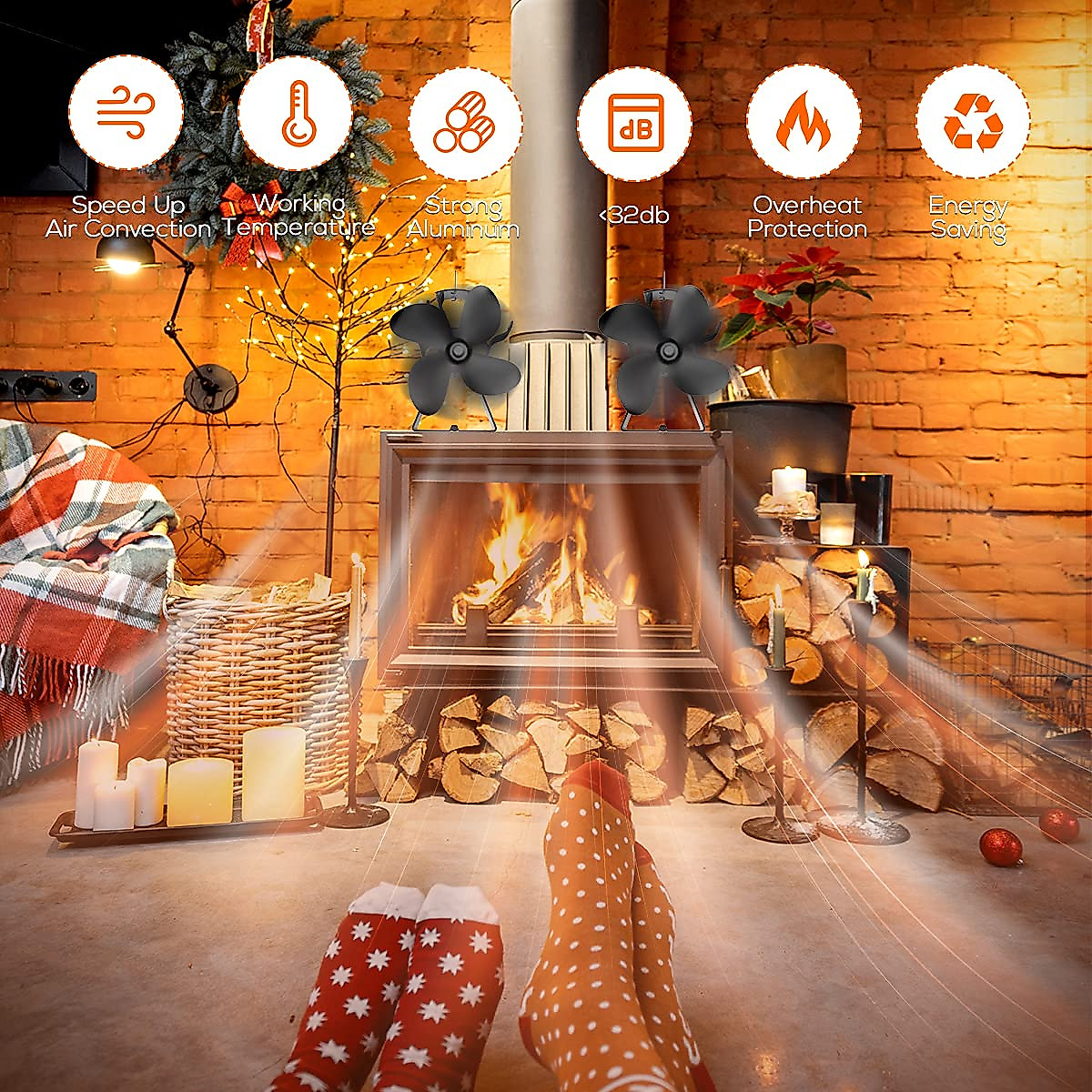 Upgrade 4 Blades Heat Powered Stove Fireplace Fan for Home Wood Log Burning Fireplace Circulating Warm Air Saving Fuel Efficiently