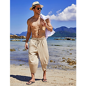 COOFANDY Mens Cotton Linen Baggy Harem Pant Casual Hippie Boho Beach Yoga Wide Leg Capri Pants with Pockets Khaki