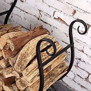 MyGift Black Metal Firewood Rack, Freestanding Fireplace Log Storage Holder with Scrollwork Design