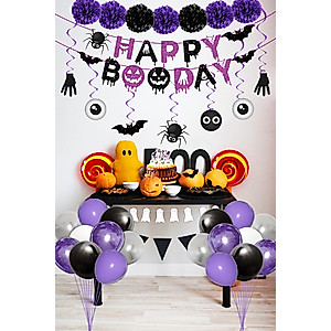 Halloween Birthday Party Decorations Balloon Banner Paper Pompom Cake Topper Hanging Swirl for Halloween Happy Boo Day Party Supplies