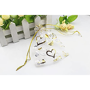 QIANHAILIZZ 100 pcs 3.5 x 4.7 Inch Flower Heart Organza Jewelry Gift Pouch Candy Pouch Drawstring Wedding Favor Bags (A white with gold heart)