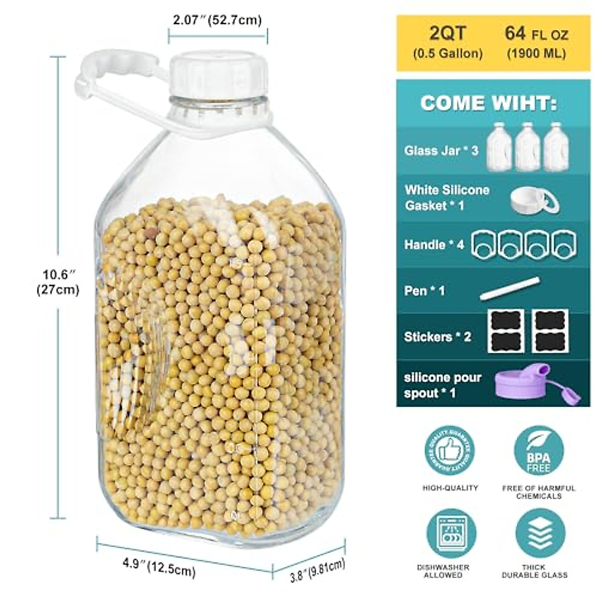 3 Pack 64 Oz Heavy Duty Glass Milk Bottle with Pour Spout and Reusable Airtight SCREW LID, 2 Qt Glass Water Bottle with 2 Exact Scale Lines - Glass Milk Jug Pitcher