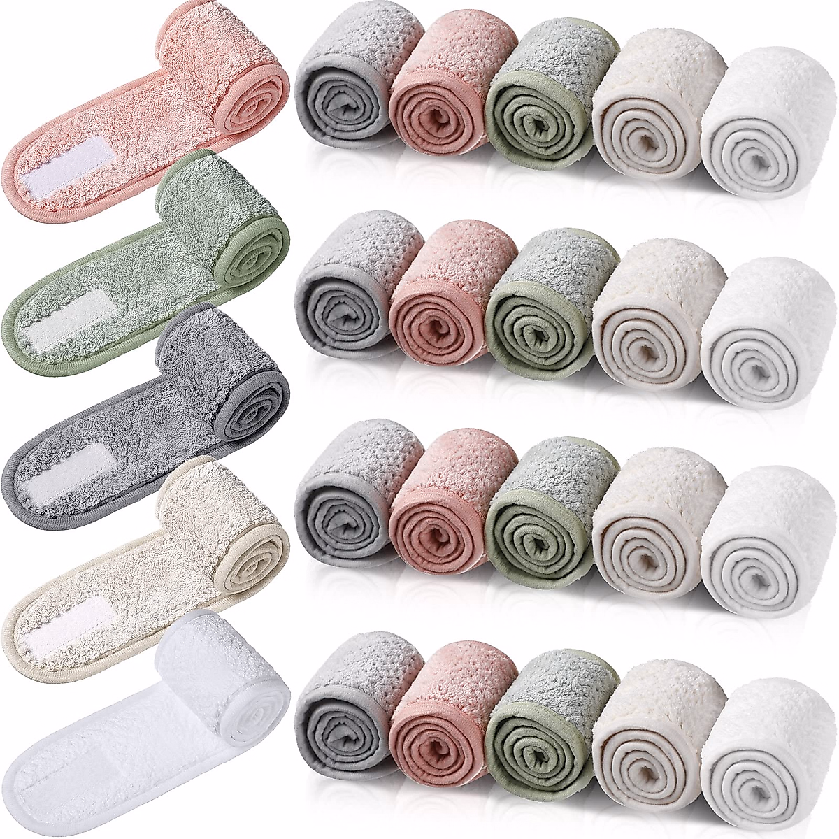 Giegxin 25 Pcs Spa Headbands Bulk Facial Makeup Hair Wrap Bath Shower Adjustable Double Layer Coral Fleece with Hook and Loop (Multicolor)
